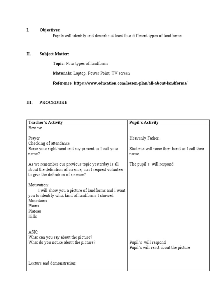 Landforms Lesson Plan | PDF | Mountains | Plateau