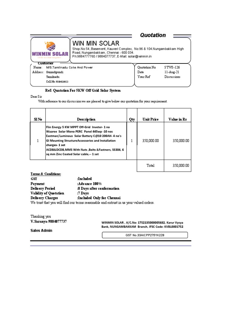 Quotation for 5KW Off-Grid Solar System | PDF | Technology & Engineering