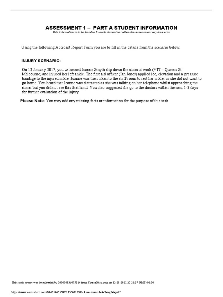 Assessment 1 - Part A Student Information: Injury Scenario | PDF ...