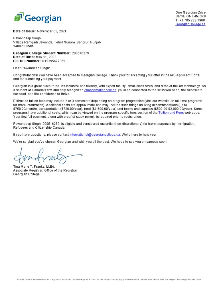 Georgian - Letter of Acceptance | PDF | Payments | Fee