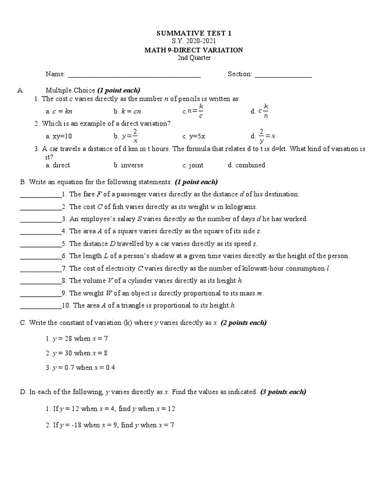 Grade 9 Direct Variation Test | PDF | Area | Distance