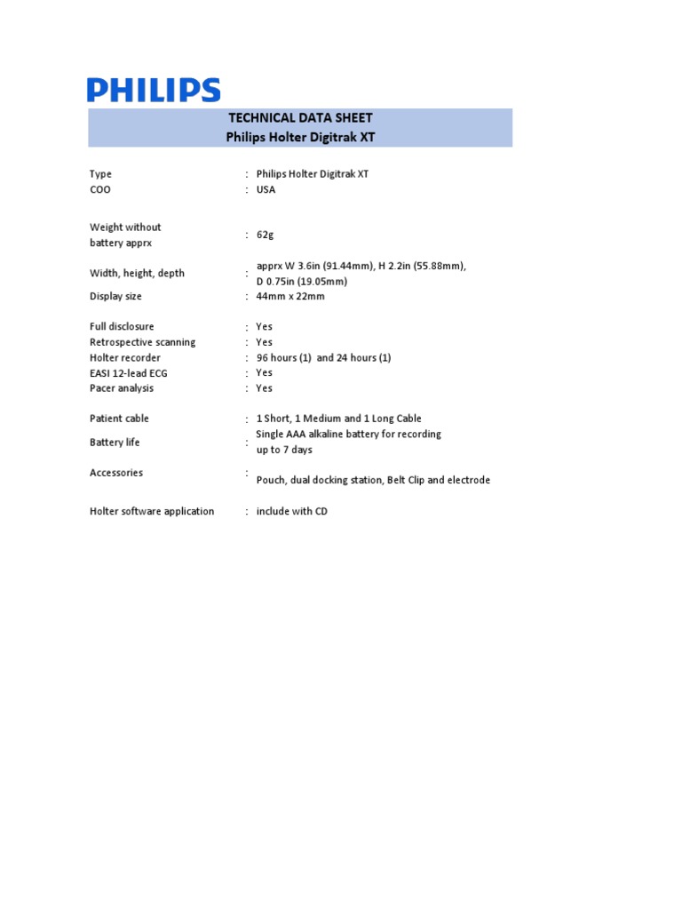 Spesifikasi Philips Holter Digitrak XT | PDF