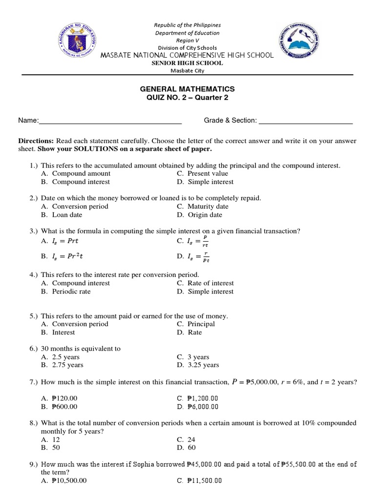 Grade 12 General Mathematics Quiz 2 | PDF | Interest | Compound Interest
