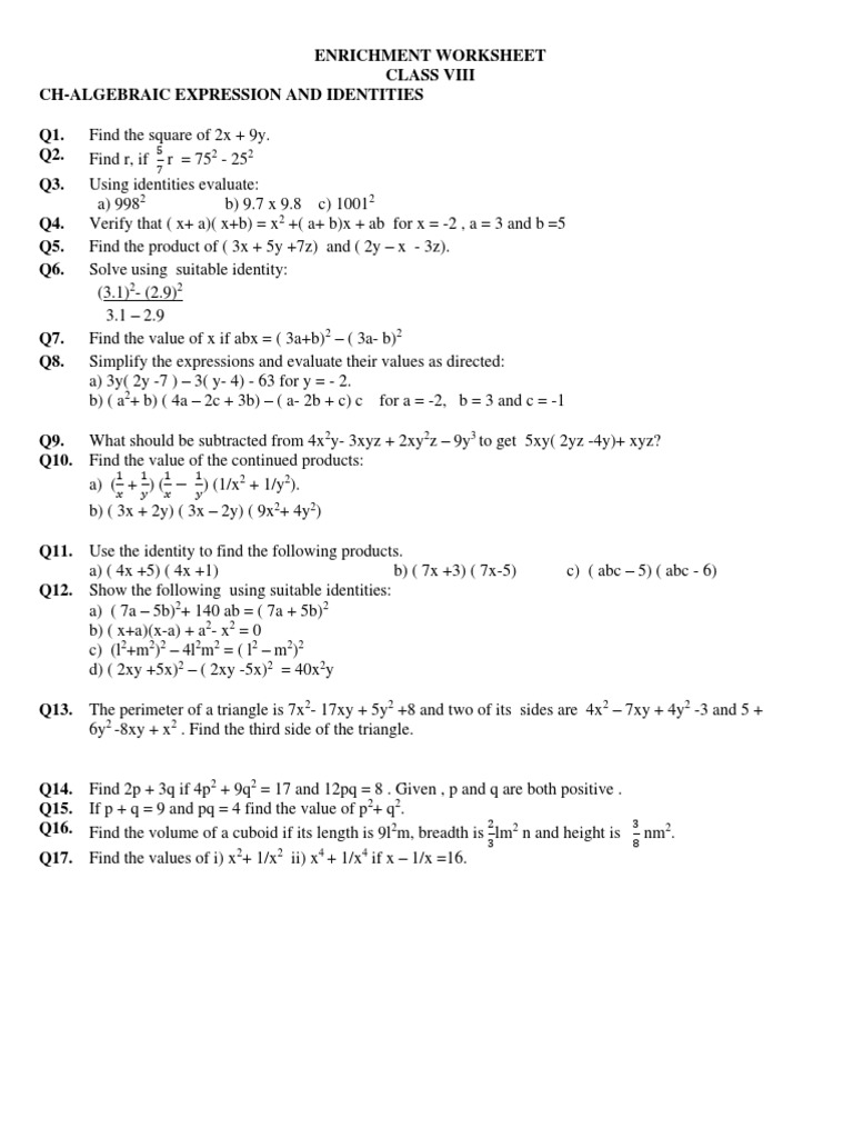 Class 8 Algebraic Expressions Worksheet | PDF