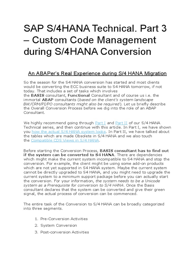 SAP S4HANA Technical Part 3 - Custom Code Management During S4HANA Conversion | PDF | Software ...