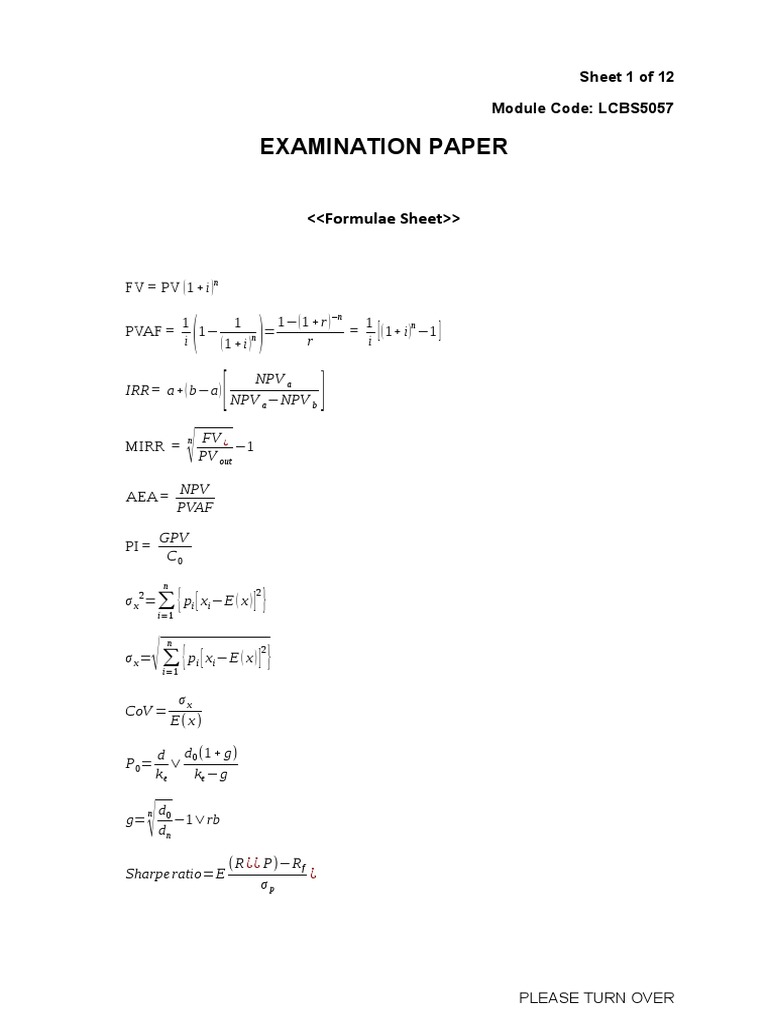 Financial Analysis and Investment Appraisal Formulas Sheet | PDF ...