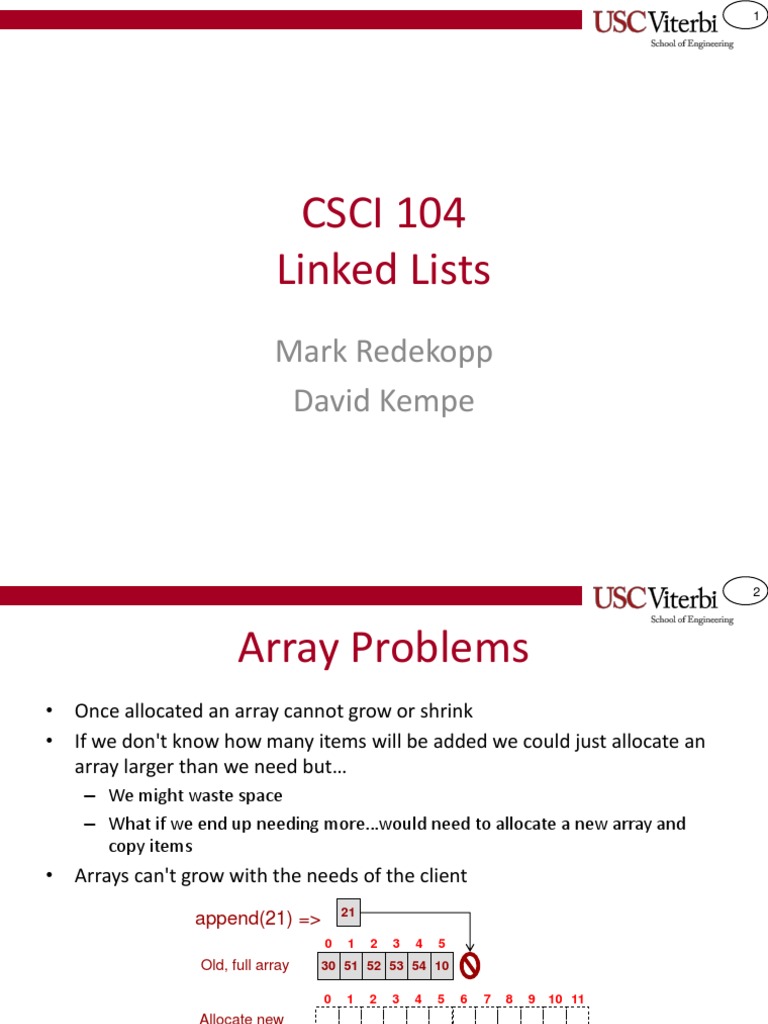 CSCI 104 Linked Lists: Mark Redekopp David Kempe | PDF | Pointer (Computer Programming) | Array ...