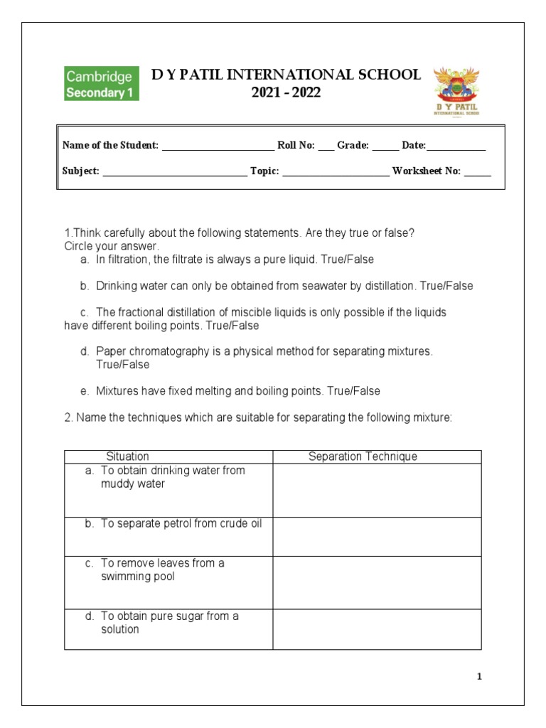 Separating Techniques Worksheet | PDF