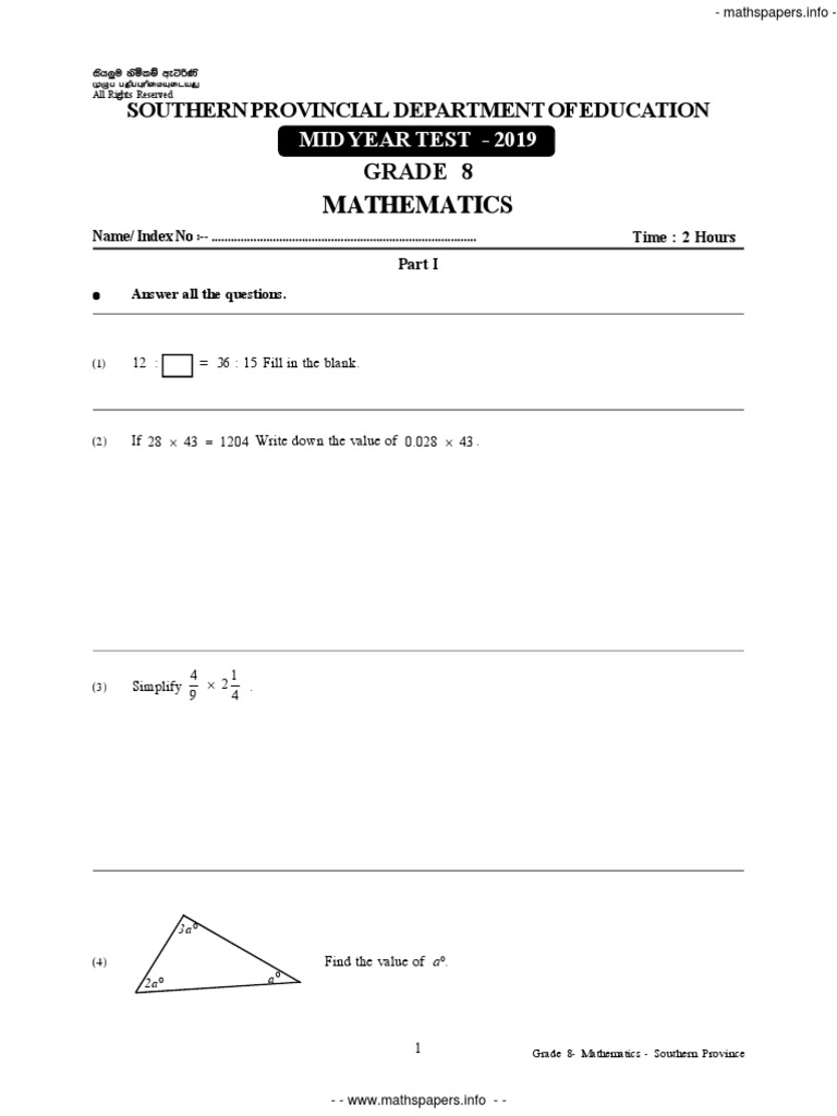 (1 - II) 2019 - Grade 08 Mathematics Second Term Test Paper in Southern ...