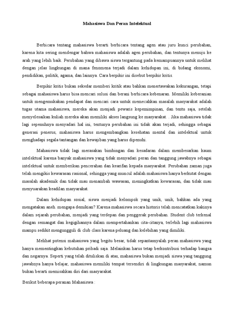 Mahasiswa Dan Peran Intelektual (Tugas Essay Filsafat Ilmu) | PDF ...