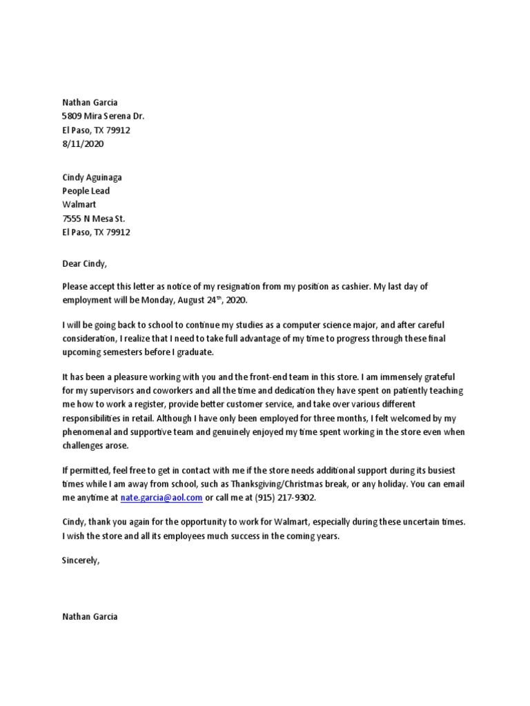 Walmart Resignation Letter Sample | PDF | Career & Growth
