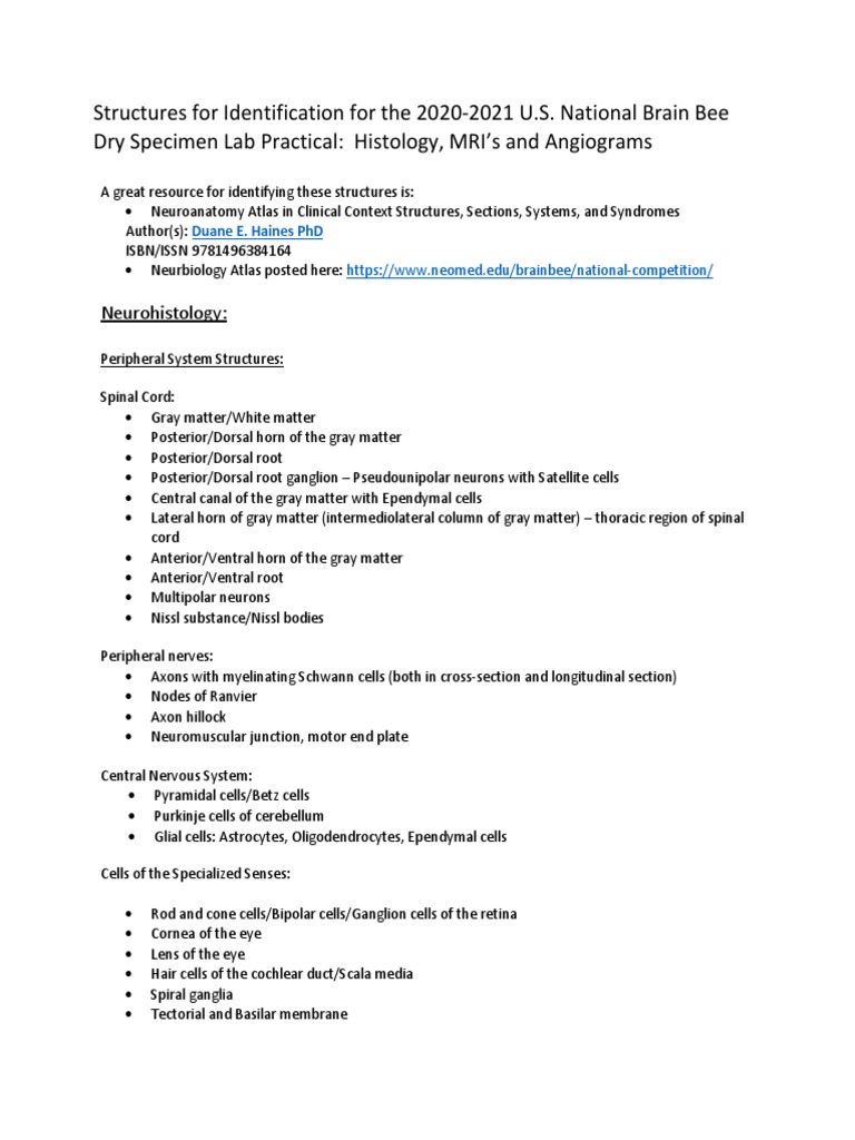 2020 2021 Brain Bee Dry SpecimenLabList | PDF