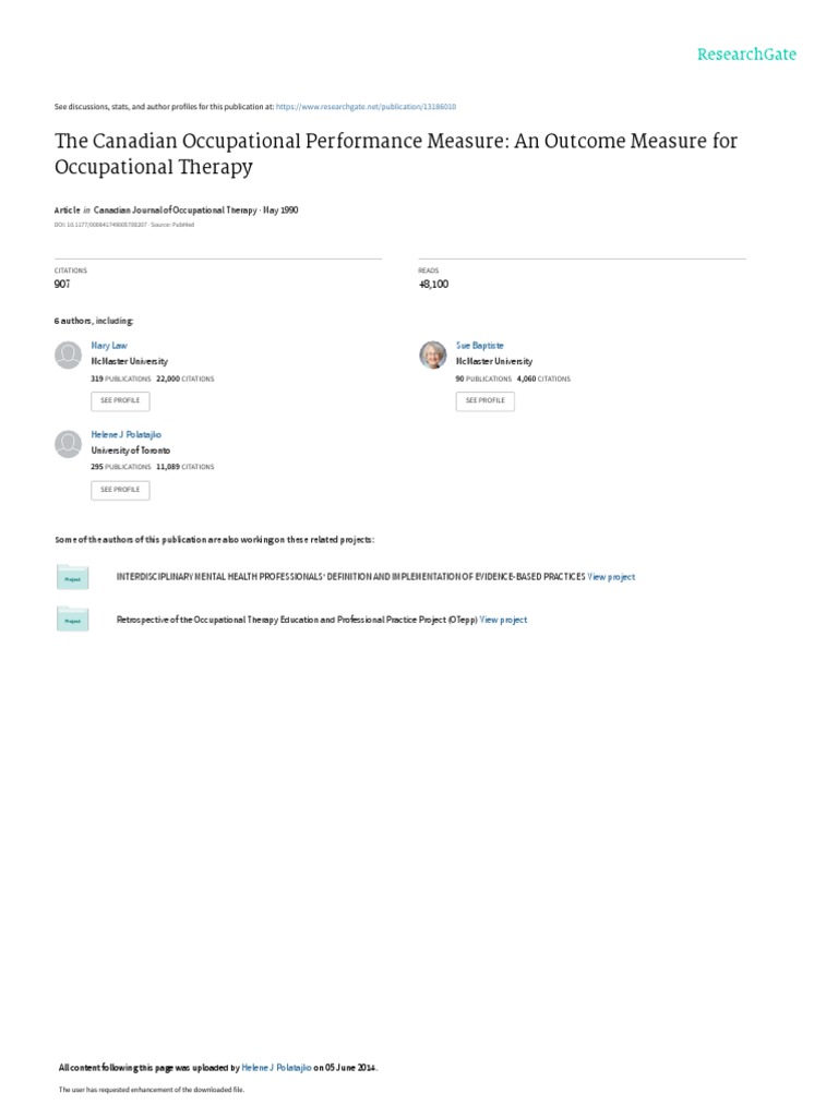 The Canadian Occupational Performance Measure: An Outcome Measure For ...