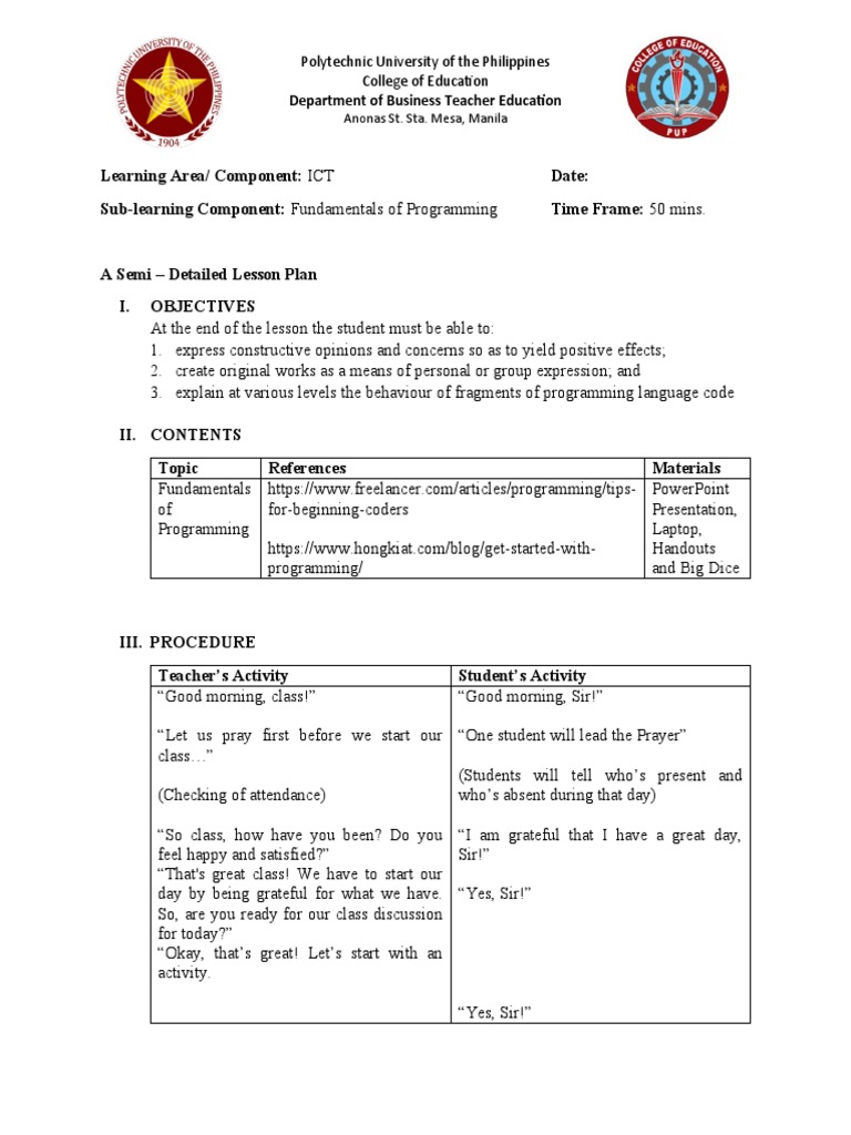 Victore - Detailed Lesson Plan | PDF | Computer Programming | Programmer