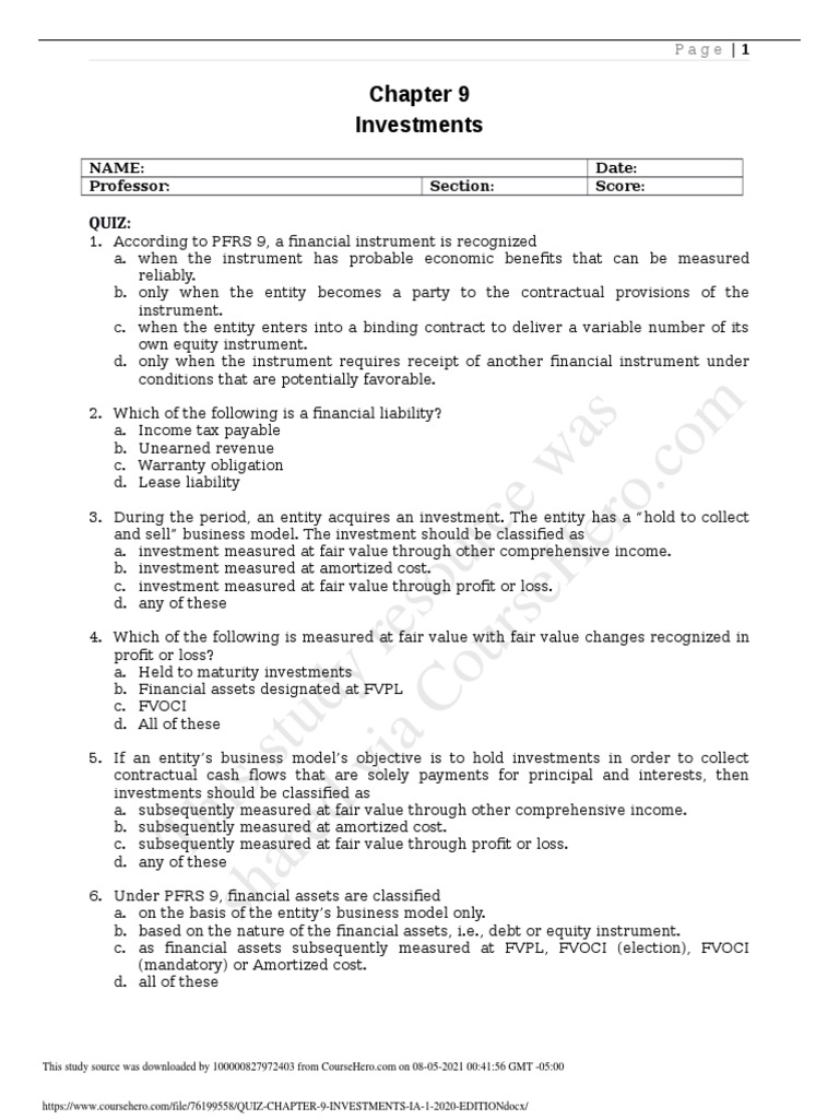 Chapter 9 Investments Quiz | PDF | Investing | Historical Cost