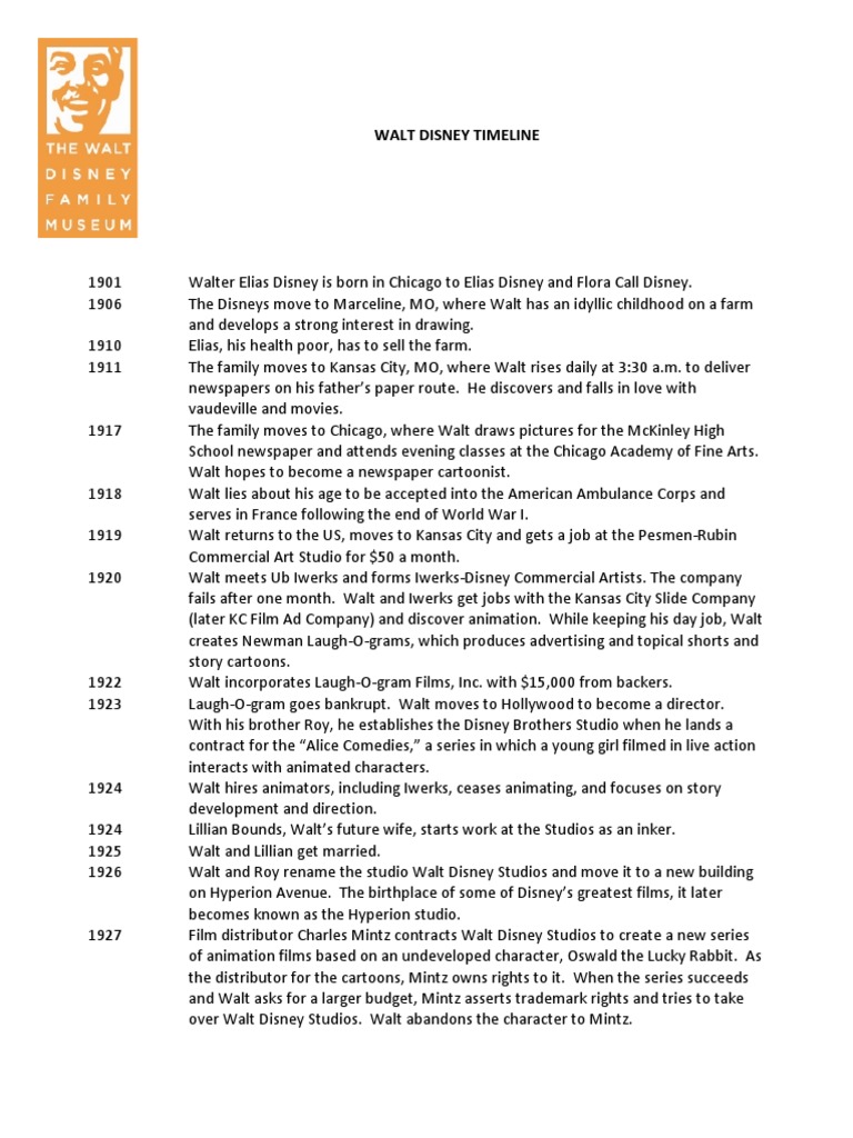 Walt Disney Timeline - 0 | PDF | Walt Disney | The Walt Disney Company