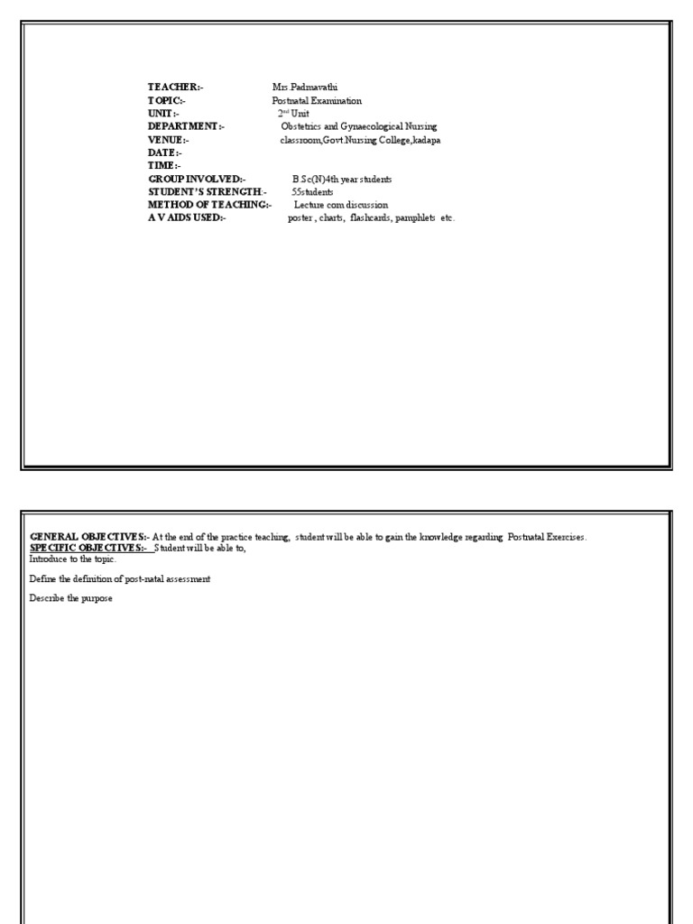 Postnatal Assessment Teaching Plan | PDF | Postpartum Period | Health ...