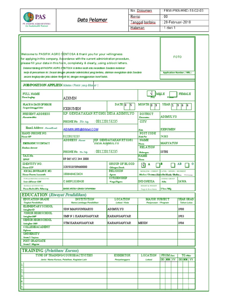Applicant Data Form Pt. Pasifik Agro Sentosa 2019 (1) Adimin | PDF