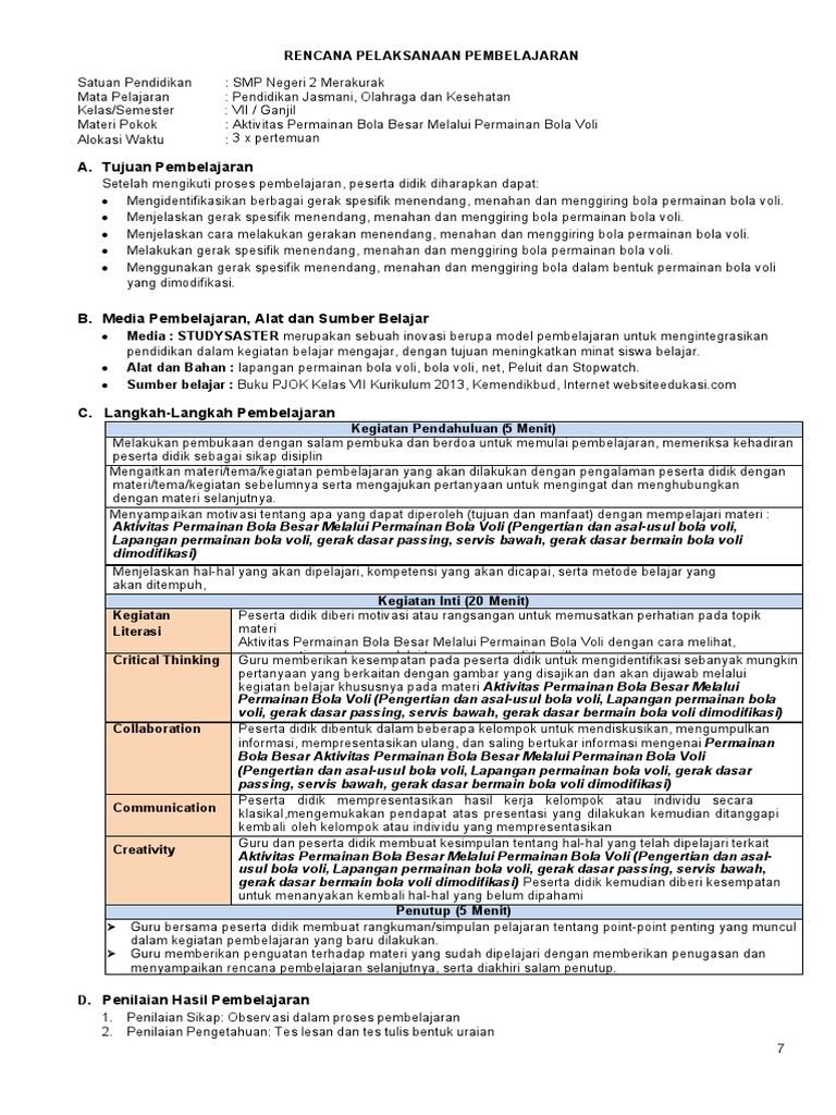RPP Pembelajaran Bola Voli Kelas 7 | PDF