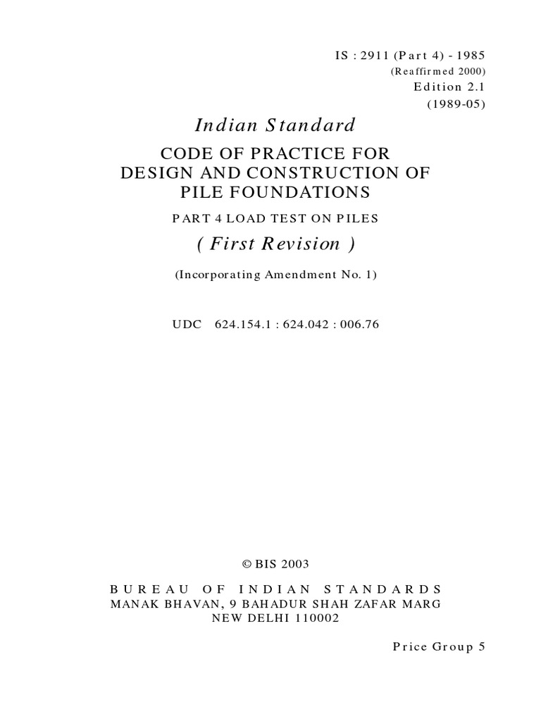 Is 2911 Part 4 1985 Indian Standard Code of Practice For Design and ...