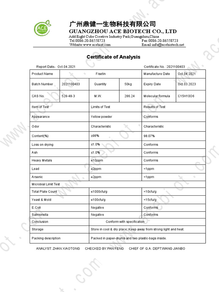 Guangzhou Ace Biotech Co., LTD: Certificate of Analysis | PDF | Chemistry