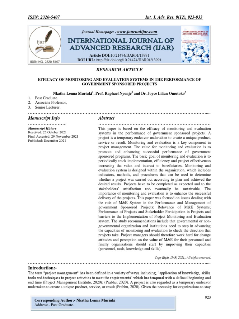 Efficacy Of Monitoring And Evaluation Systems In The Performance Of