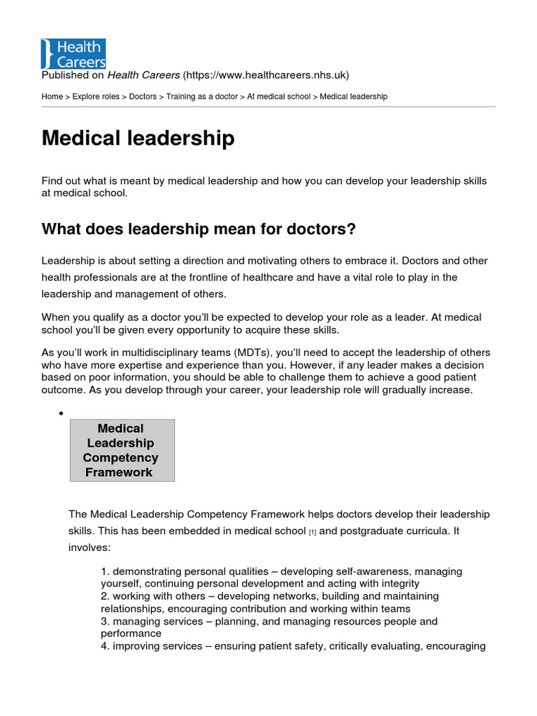 Health Careers - Medical Leadership - 2020-01-30 | PDF | Leadership | Health Care