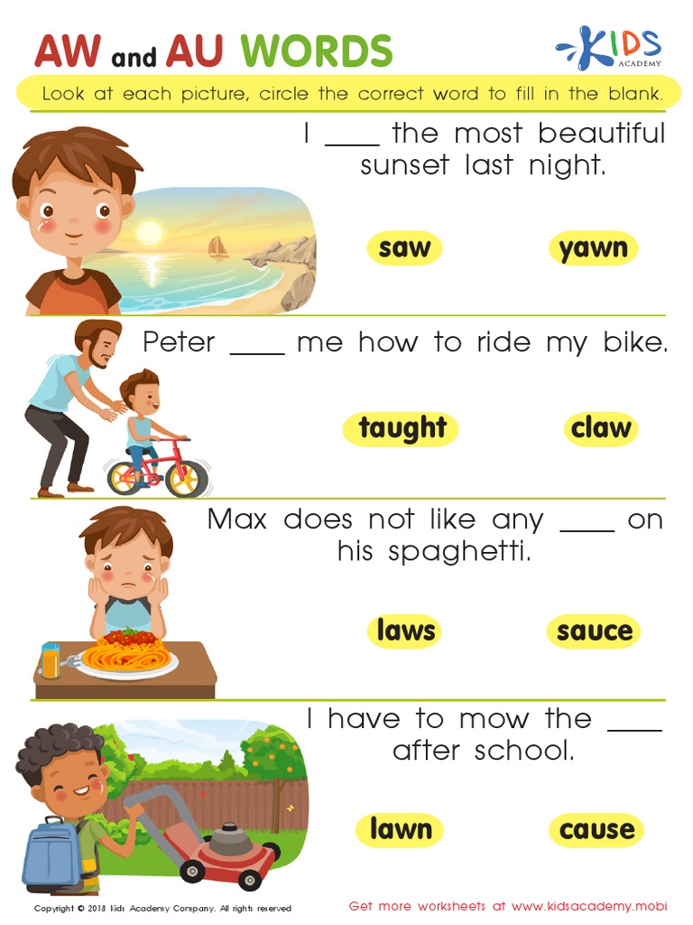 Grade 2 Reading Aw and Au Words Worksheet | PDF