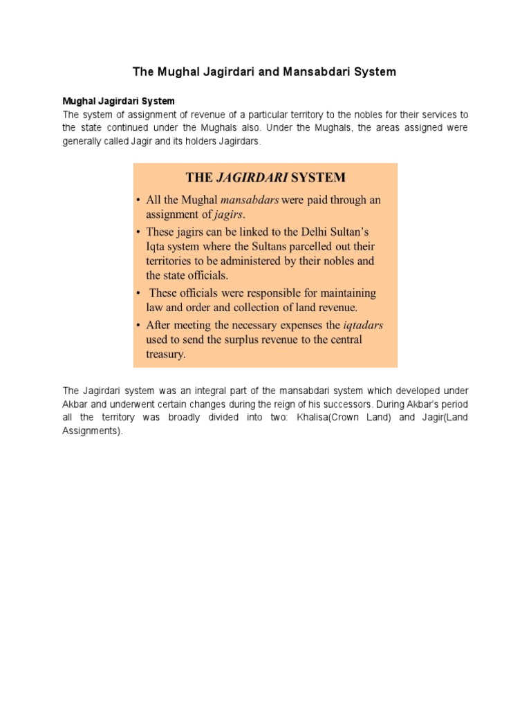The Mughal Jagirdari and Mansabdari System | PDF | Mughal Empire