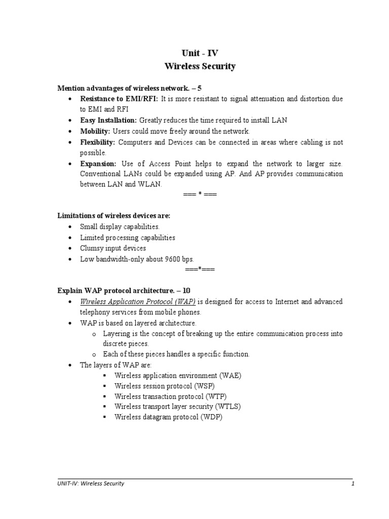 Unit - IV Wireless Security: Mention Advantages of Wireless Network. - 5 | PDF | Wireless Lan ...