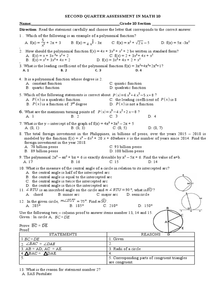 Math 10 Second Quarter Assessment | PDF | Circle | Triangle