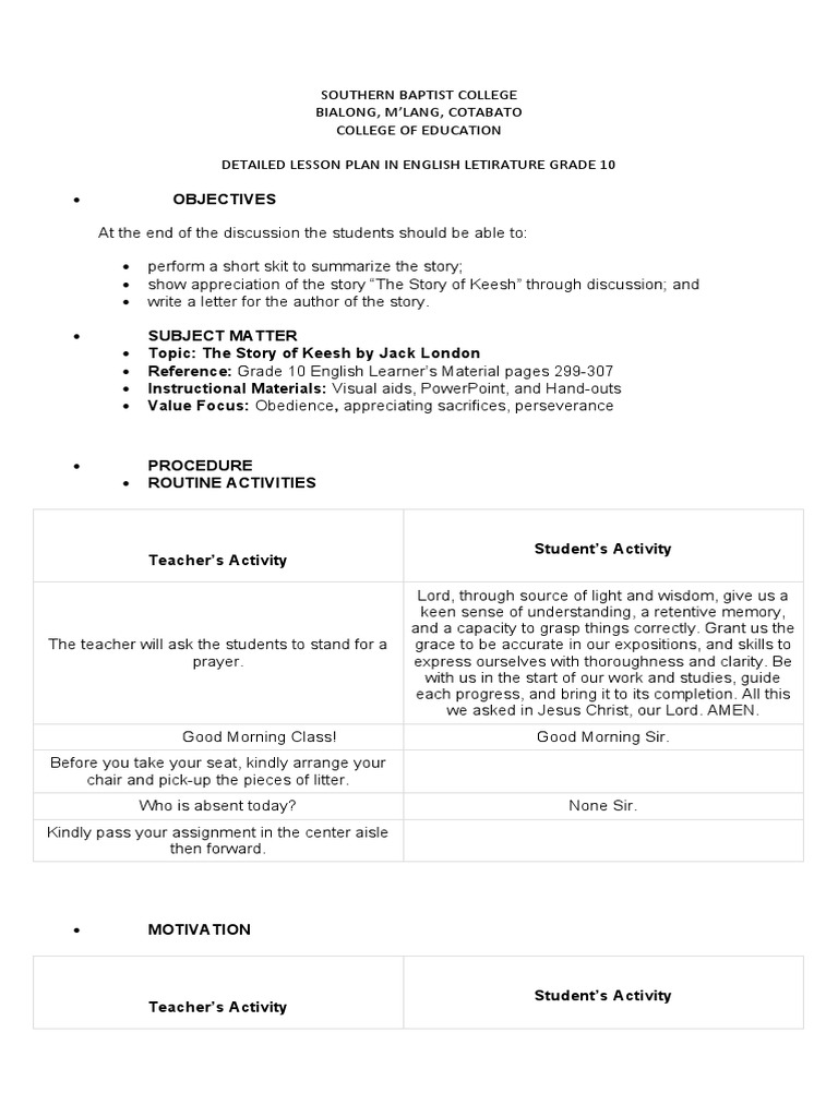 Lesson Plan Letirature Grade 10 | PDF | Jack London | Lesson Plan