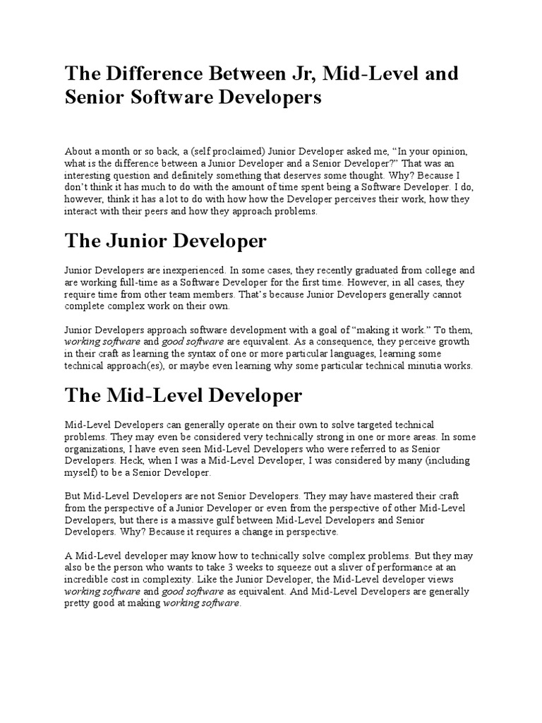 Junior Vs Mid-Level Vs Senior Developers | PDF | Software | Software ...