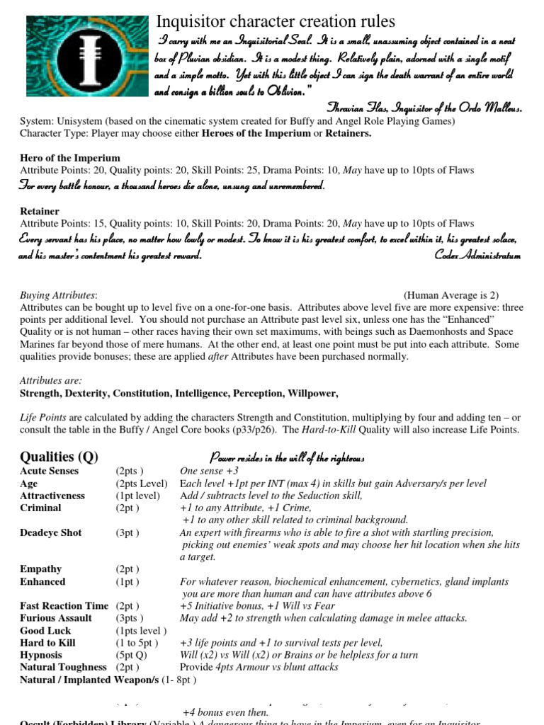 40K Unisystem Inquisitor Character Creation Rules | PDF | Shotgun | Weaponry