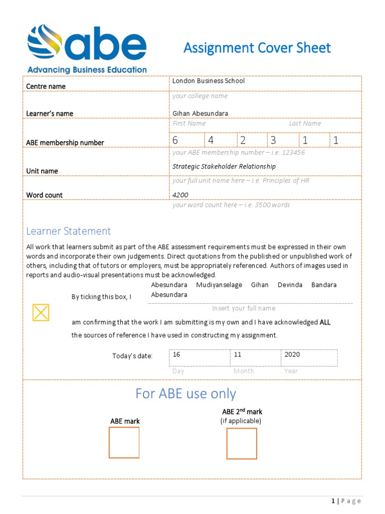 Assignment Cover Sheet: For ABE Use Only | Download Free PDF ...