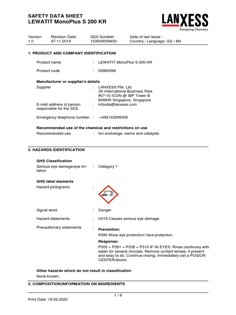 Lewatit Monoplus S 200 KR: Safety Data Sheet | PDF | Chemistry ...