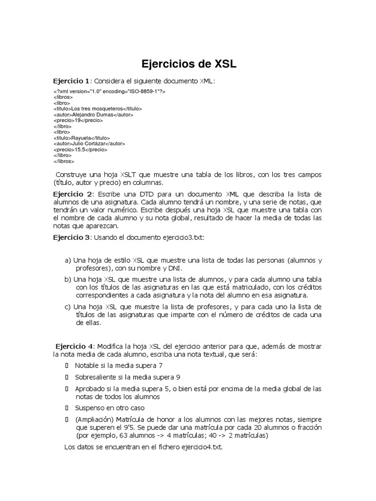 Ejercicios Prácticos de XSLT | PDF | Xml | Consorcio Mundial de la red