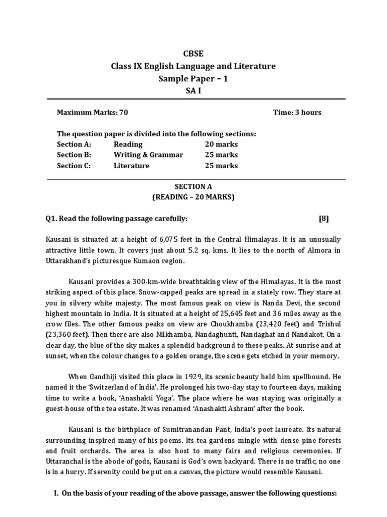 Cbse Class IX English Language and Literature Sample Paper - 1 SAI | PDF