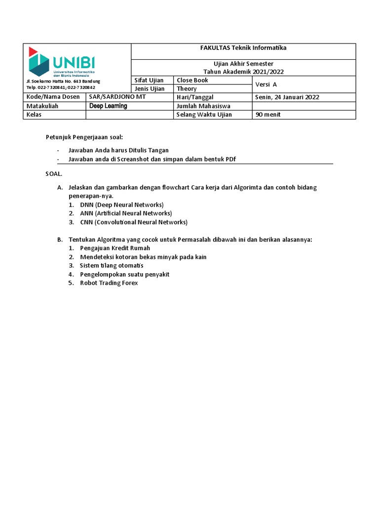 SOAL UAS Deep Learning TA. 21-22 | PDF