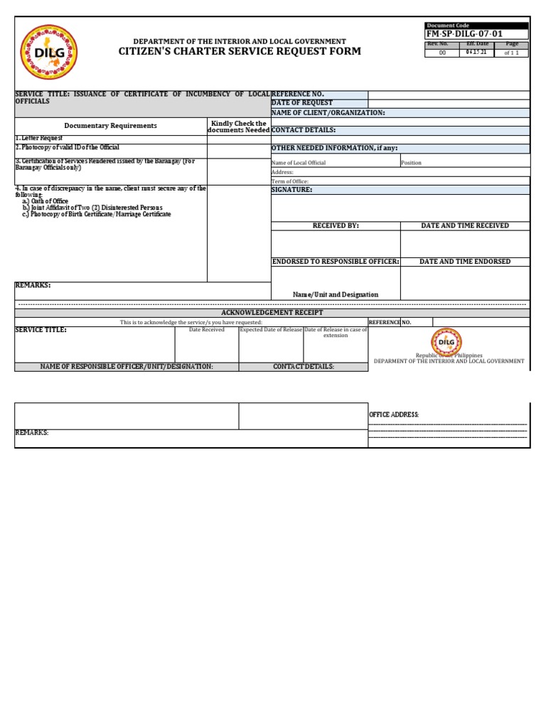 Citizen'S Charter Service Request Form: Department of The Interior and ...