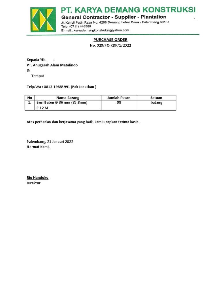 Po PT Anugrah Alam Metalindo Pak Jonatan | PDF