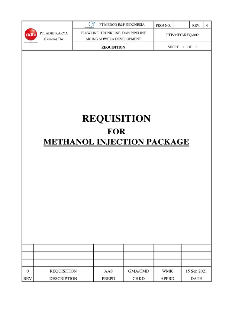 Methanol Injection Package Requisition | PDF | Specification (Technical ...
