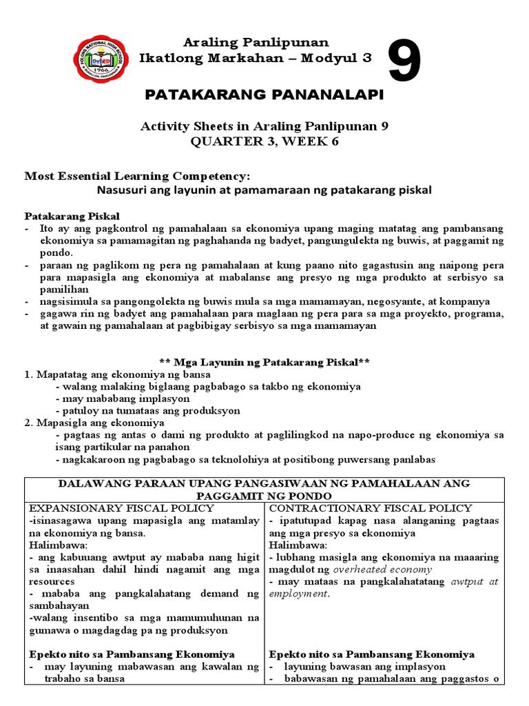 Patakarang Pananalapi: Araling Panlipunan Ikatlong Markahan - Modyul 3 | PDF