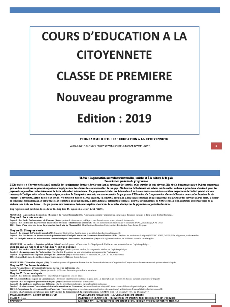 Cours - Deducation A La Citoyennete - Classe de Premiere | PDF | Droit ...