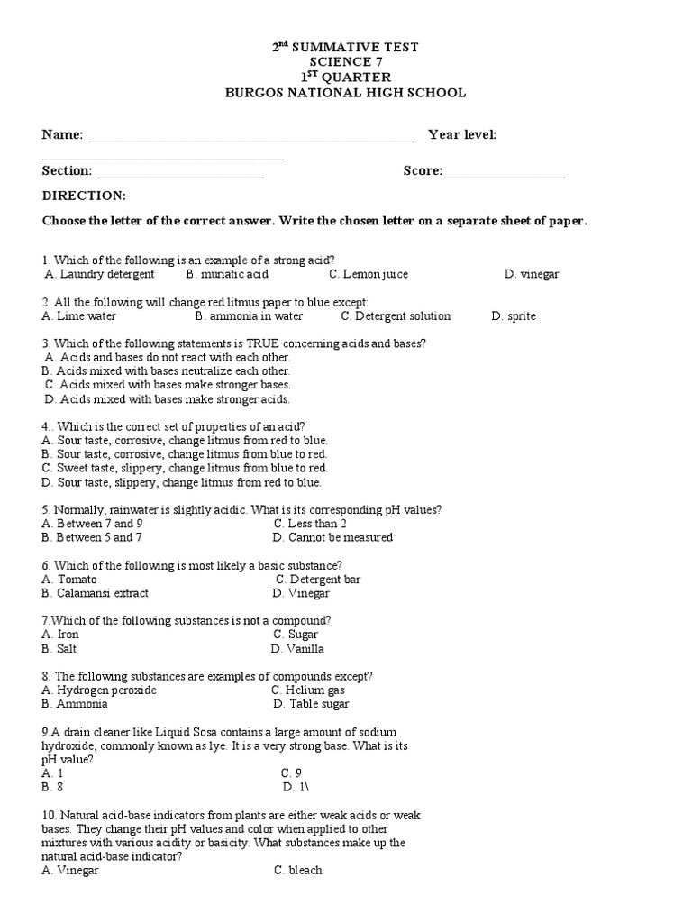 2nd SUMMATIVE TEST IN SCIENCE 7 | PDF | Chemical Substances | Sodium ...