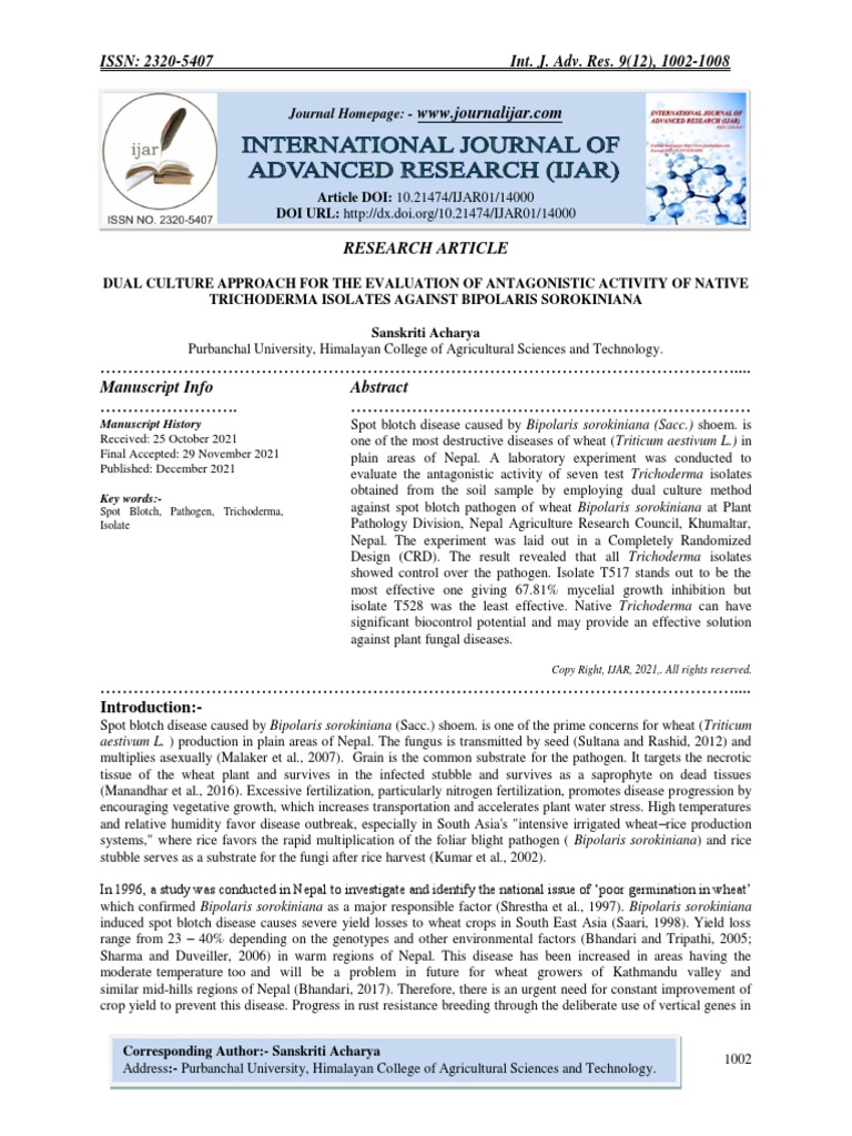 Dual Culture Approach For The Evaluation of Antagonistic Activity of ...