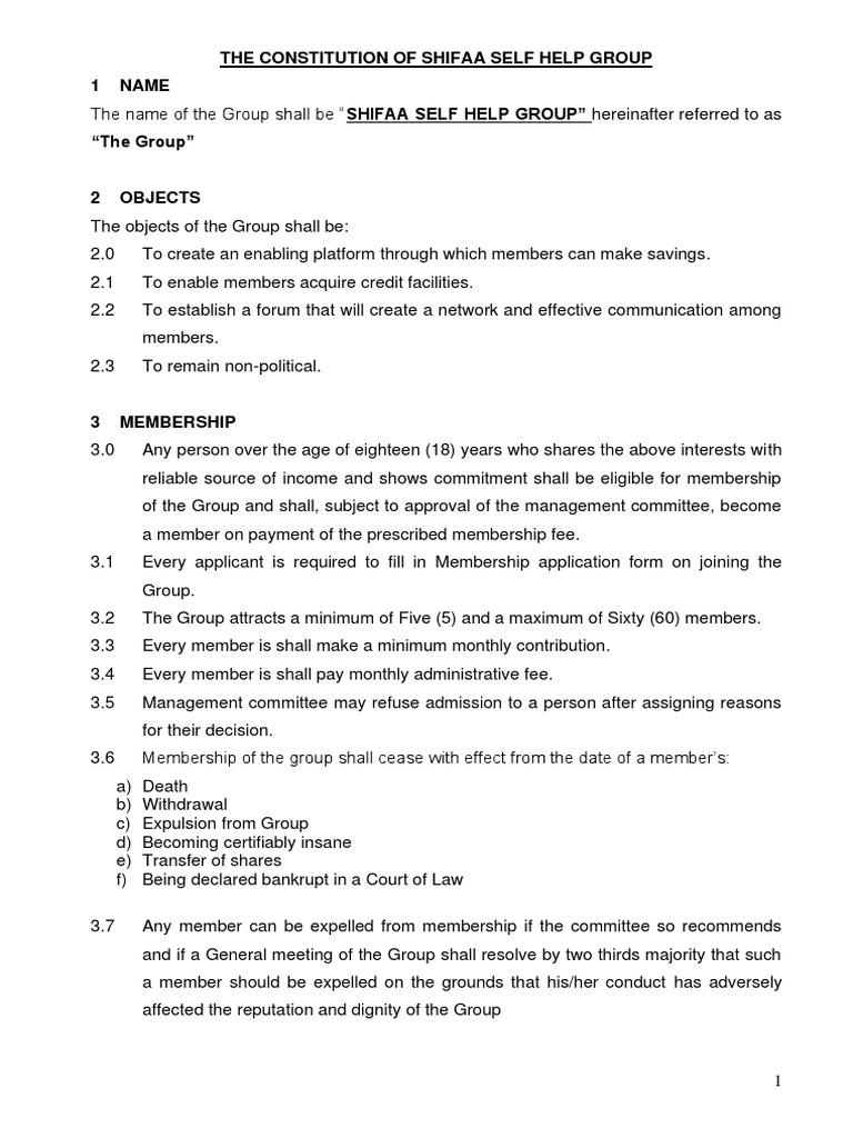 The Constitution of Shifaa Self Help Group | PDF | Banks | Liquidation
