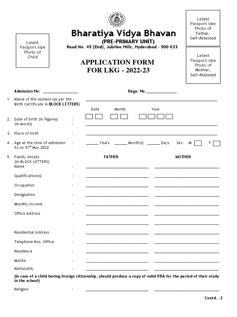 Bharatiya Vidya Bhavan: Application Form FOR LKG - 2022-23 | PDF ...