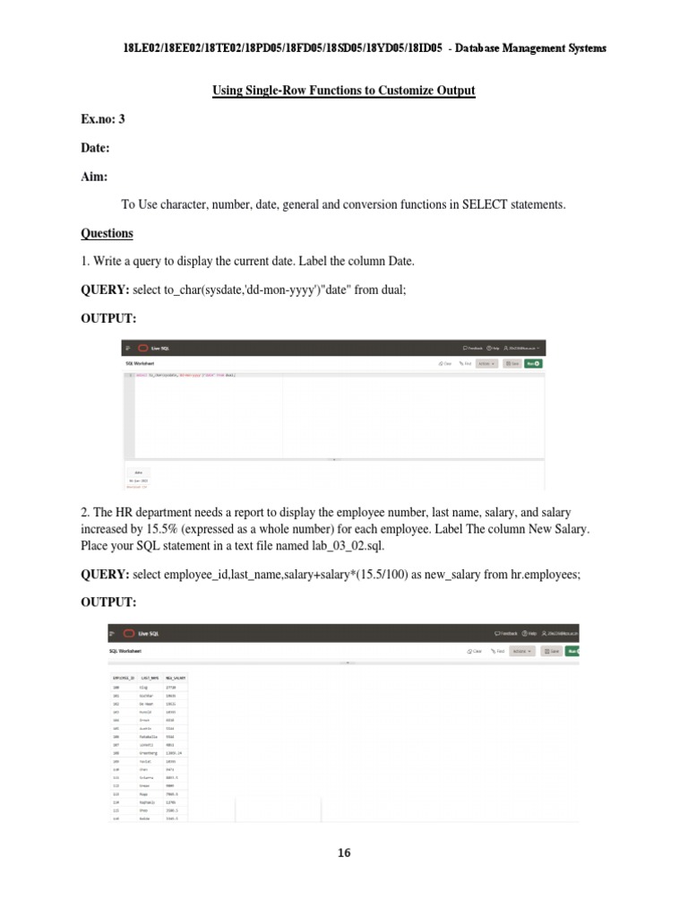 Using Single Row Functions To Customize Output Ex No 3 Date Pdf