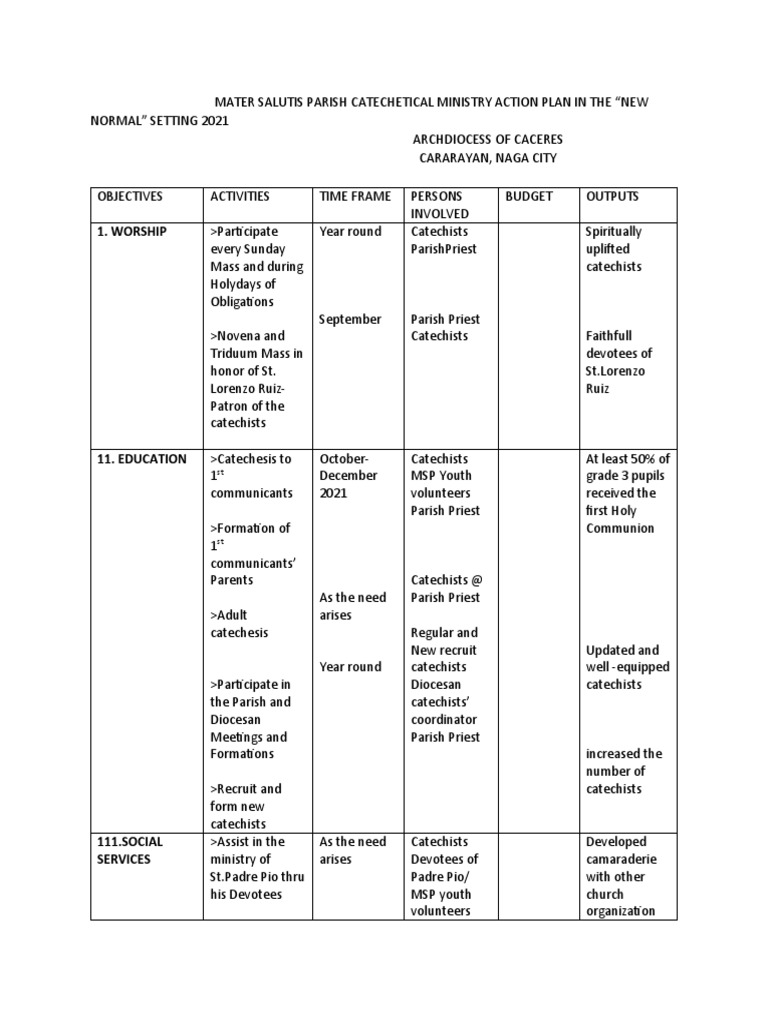 Mater Salutis Parish Catechetical Ministry Action Plan in The | PDF ...